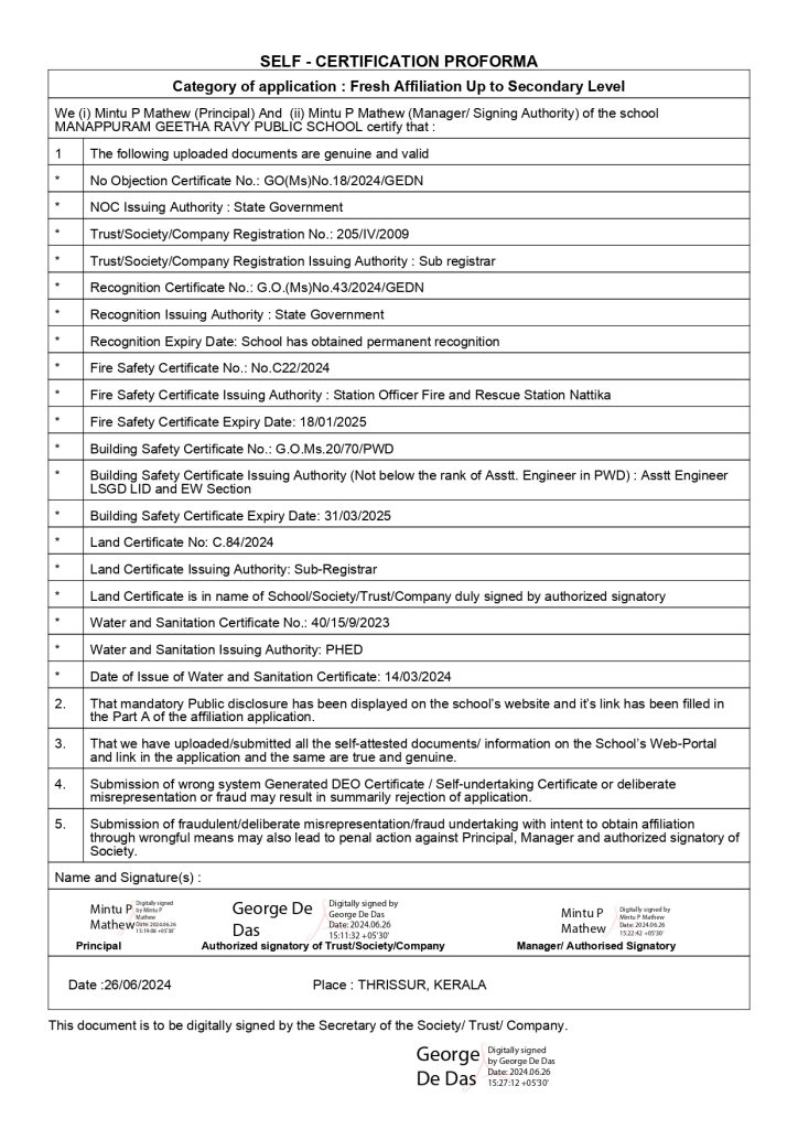 Self-Certificate - Manappuram Geetha Ravy Public School