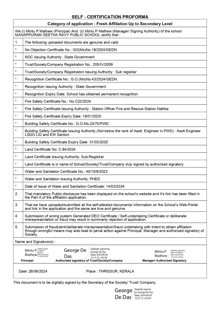 Self-Certificate - Manappuram Geetha Ravy Public School